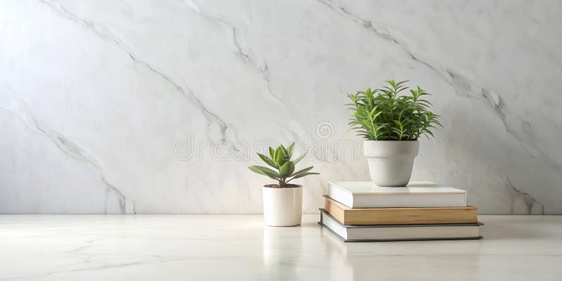 Minimalist Home Decor Still Life with Potted Plants and Stack of Books on Marble Surface ...