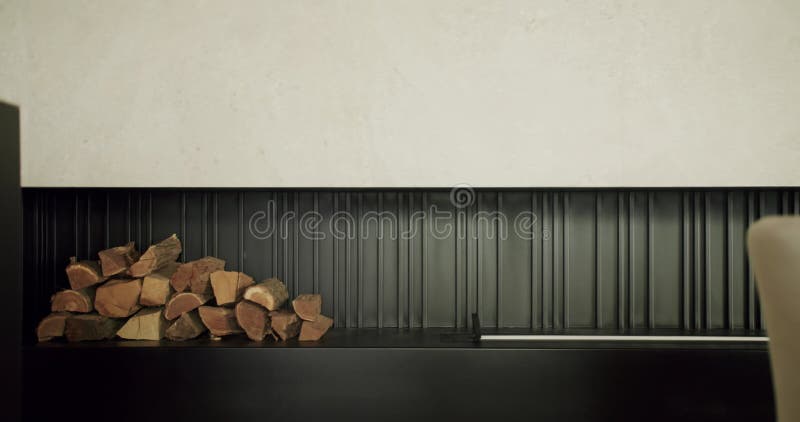 Minimalist Interior Design with Stack of Firewood Against Black Panel ...