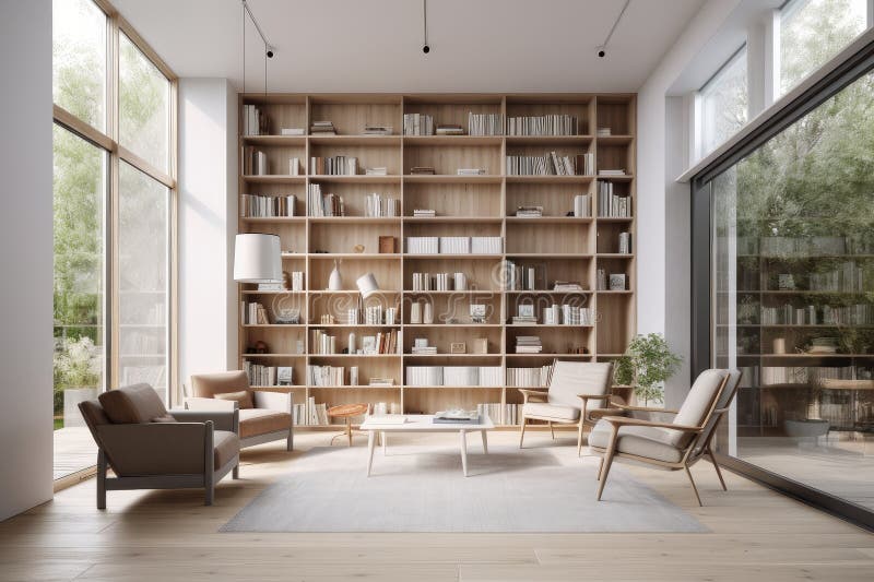 Minimalist Home Library with Bookshelves and Natural Light Stock ...