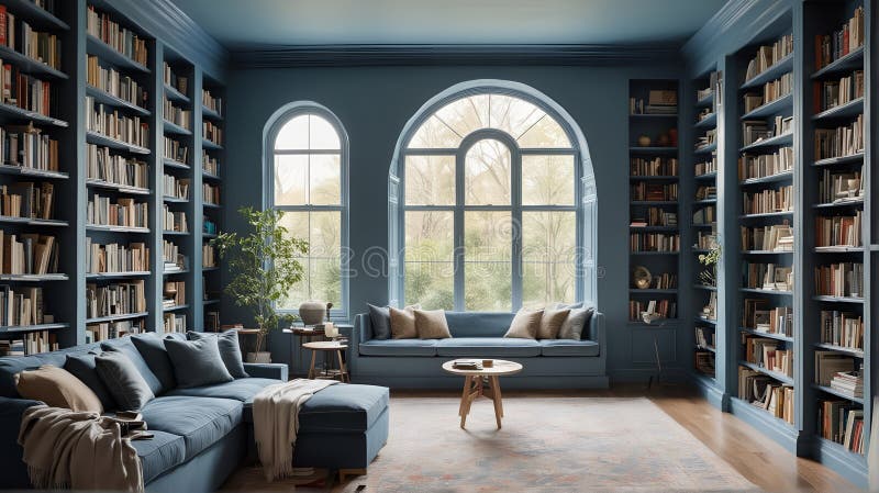 Minimalist Home Library with a Collection of Books, a Comfortable ...