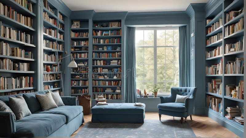 Minimalist Home Library with a Collection of Books, a Comfortable ...