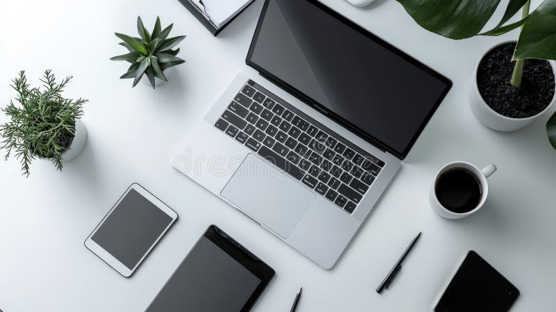 Minimalist Home Office Aerial View of Creative Workspace with Tech ...