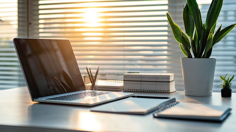 Minimalist Home Office Desk with a Laptop Notebook and Plant at Sunset ...
