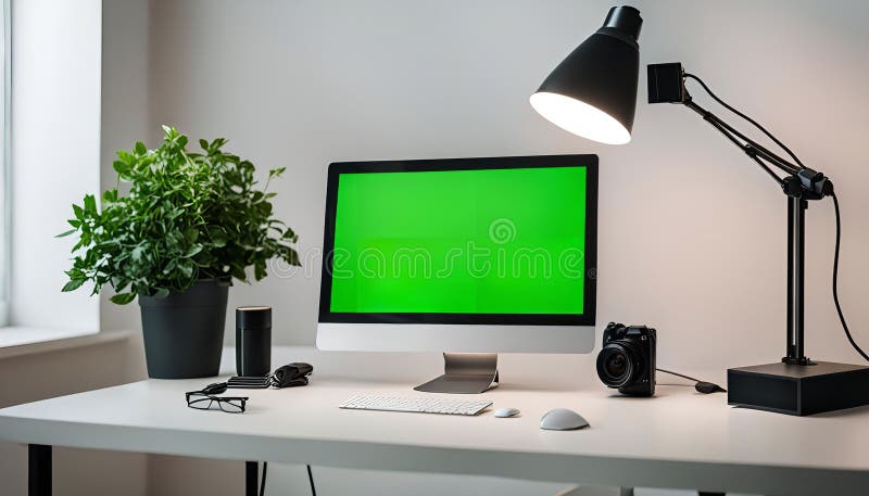 Minimalist Home Office Desk Setup with a Green Screen Computer Stock ...