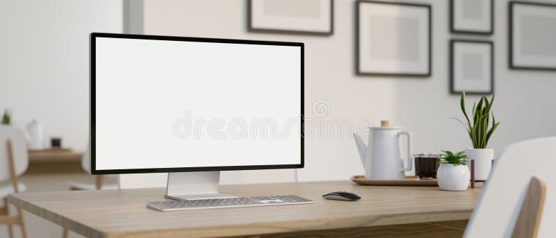 A Minimalist Home Office Features a White-screen PC Computer Mockup on ...