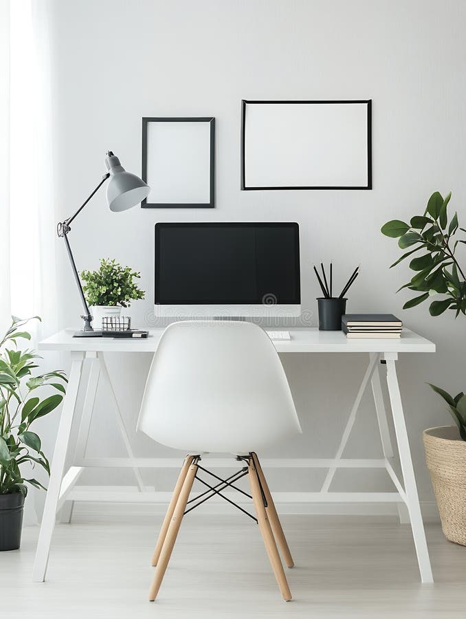 Minimalist Home Office Interior with White Desk, Computer, Chair and ...