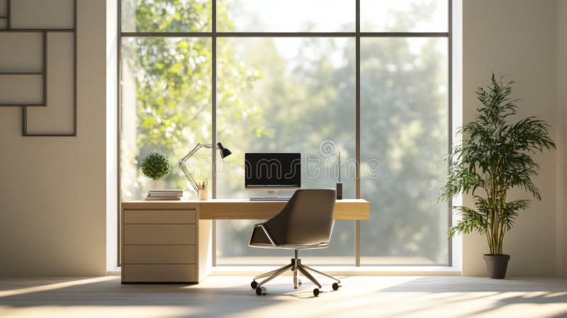 Minimalist Home Office with Large Window and Desk Stock Illustration ...
