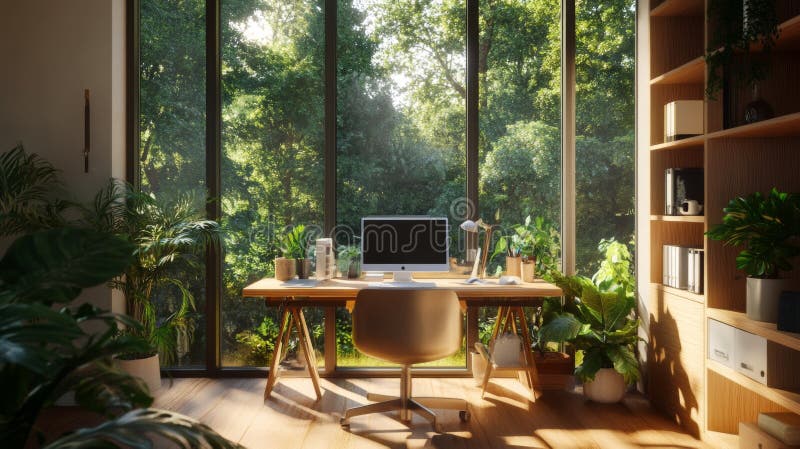 Minimalist Home Office with Large Window and Lush Greenery Stock ...