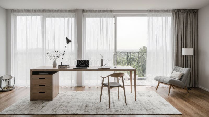 Minimalist Home Office with Large Windows Stock Illustration ...