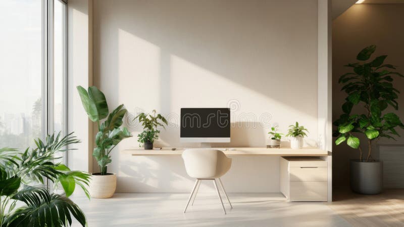 Minimalist Home Office with Plants and Natural Light Stock Illustration ...