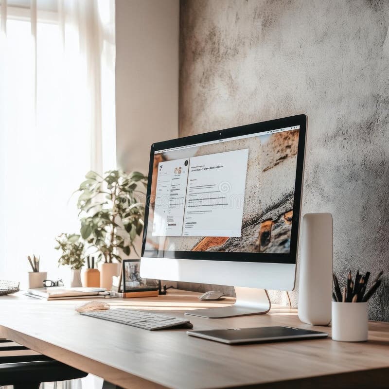 Minimalist Home Office Setup with Desktop Computer Stock Illustration ...