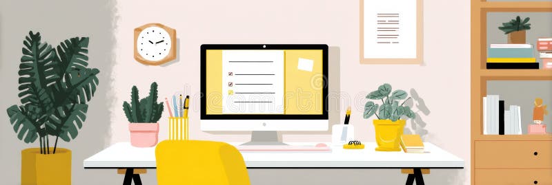 Minimalist Home Office Setup Featuring a Task Planner and Plants ...