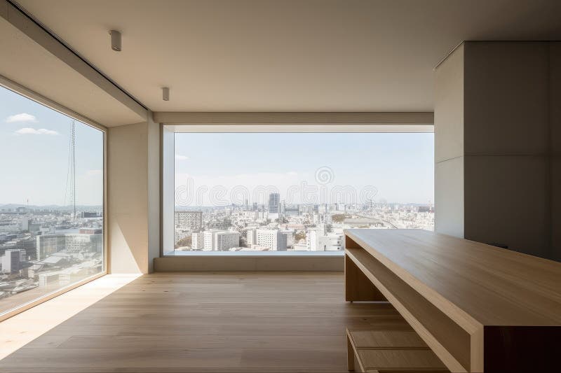 Minimalist Home, with View of the City Skyline Visible through the ...
