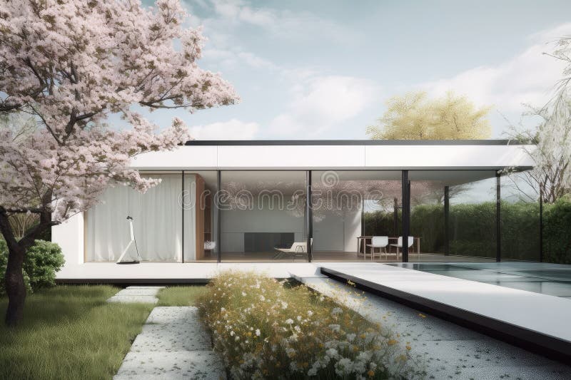 Minimalist Home, with View of the Garden and Blooming Flowers Stock ...