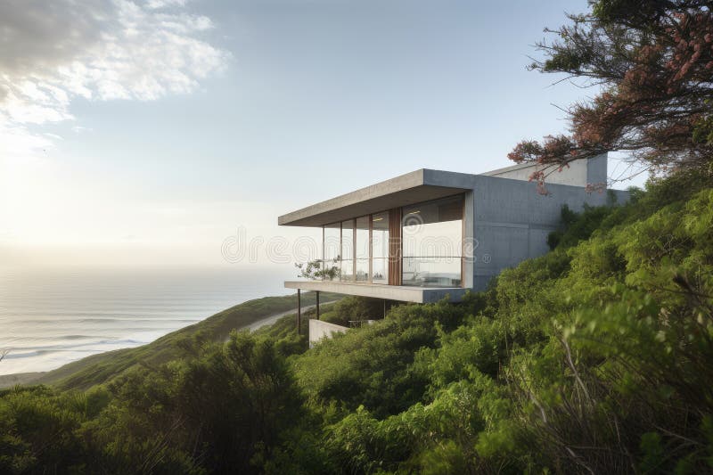 Minimalist Home, with View of the Ocean, Surrounded by Greenery Stock ...