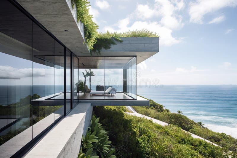Minimalist Home, with View of the Ocean, Surrounded by Greenery Stock ...