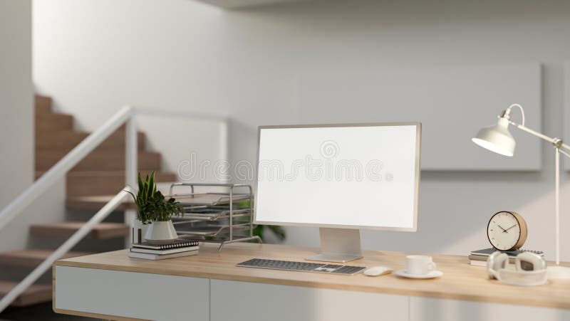 A Minimalist Home Workspace Features a Computer with a White Screen and ...