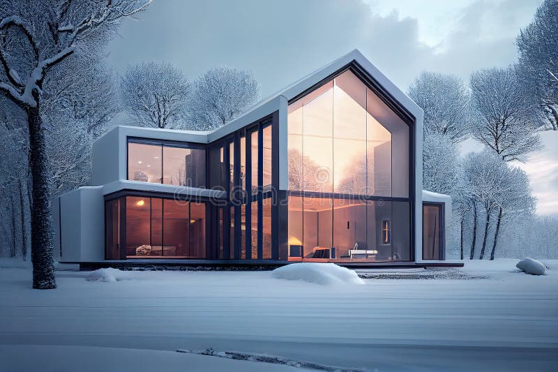 Minimalist House with Large Windows in Winter. Generative AI ...