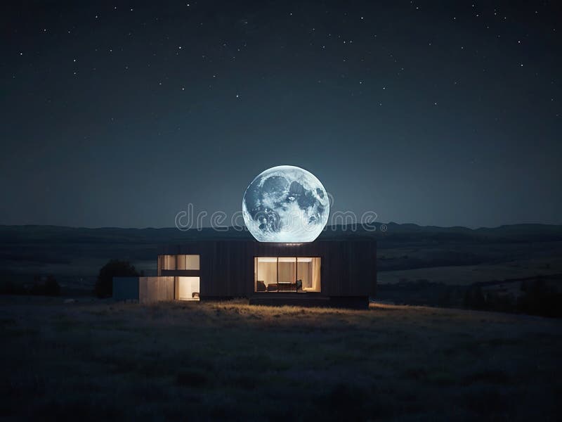Minimalist House with Night Scene and Full Moon Stock Illustration ...
