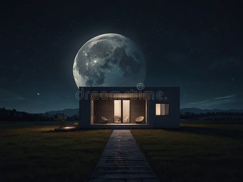 Minimalist House with Night Scene and Full Moon Stock Illustration ...