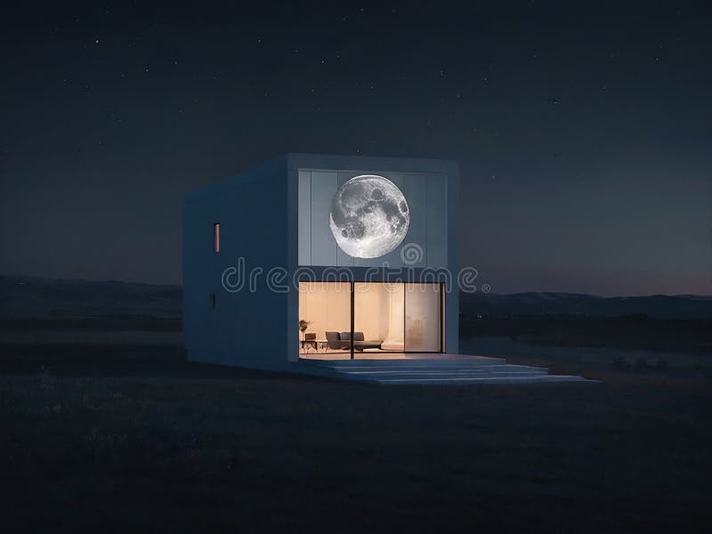 Minimalist House with Night Scene and Full Moon Stock Illustration ...