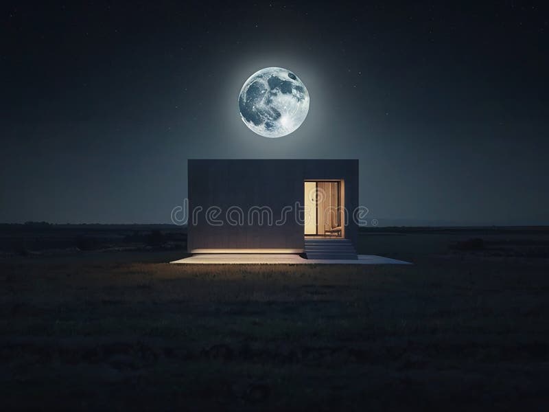 Minimalist House with Night Scene and Full Moon Stock Illustration ...