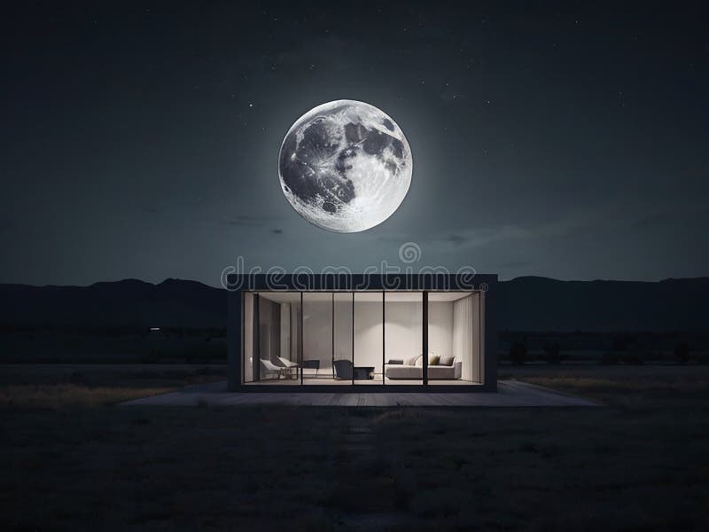 Minimalist House with Night Scene and Full Moon Stock Illustration ...