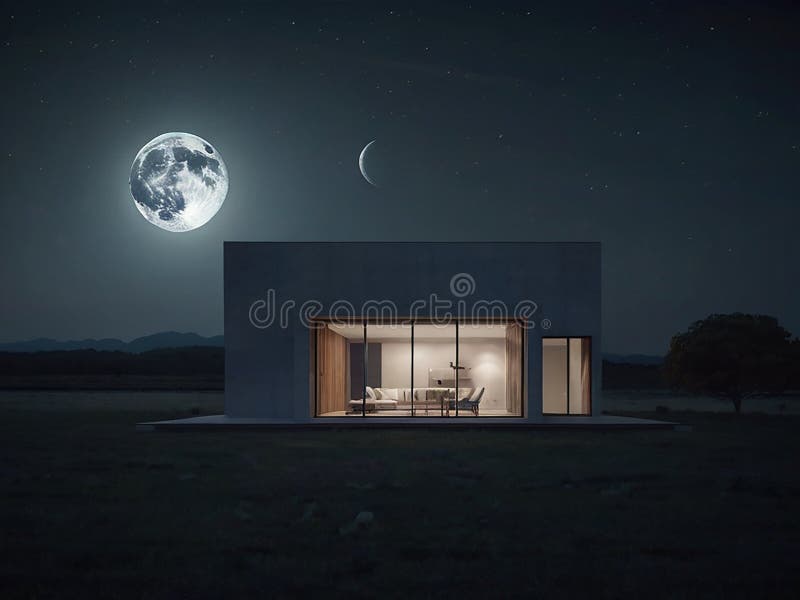 Minimalist House with Night Scene and Full Moon Stock Illustration ...