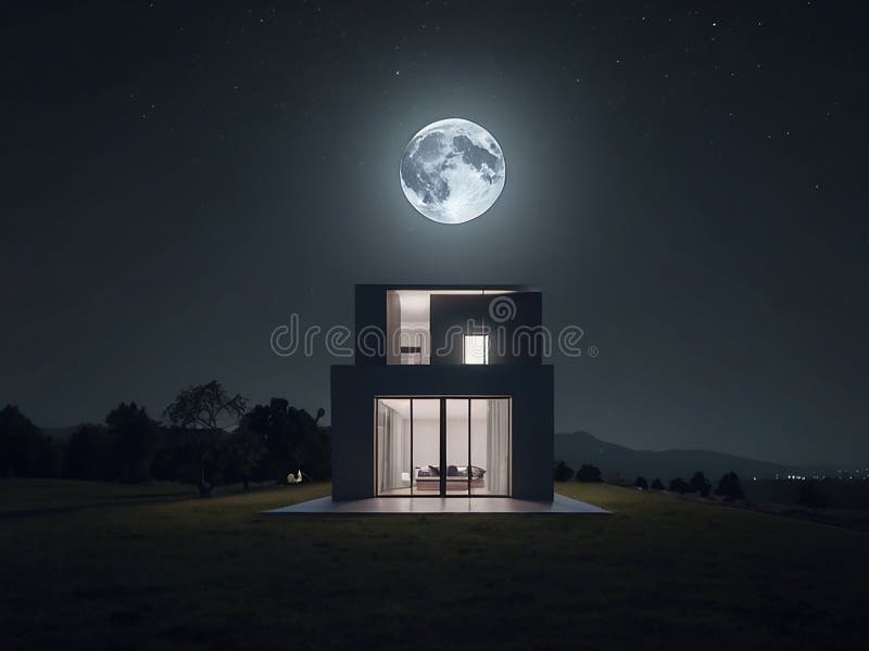 Minimalist House with Night Scene and Full Moon Stock Illustration ...