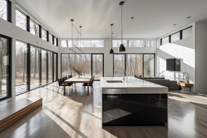 Minimalist House with Open Floor Plan, Windows, and Natural Light Stock ...