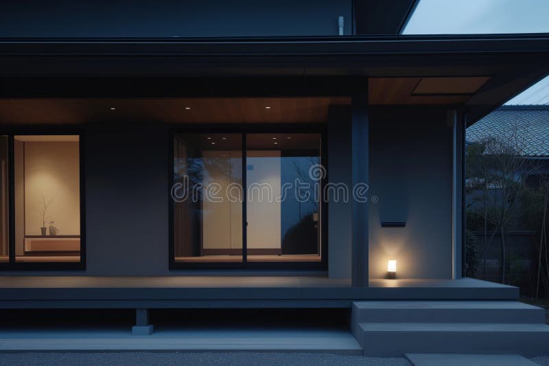 Minimalist House with Subtle Porch Light and Clean Lines Stock Photo ...