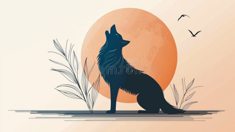 Minimalist Howling Wolf Illustration with Nature Elements Stock ...