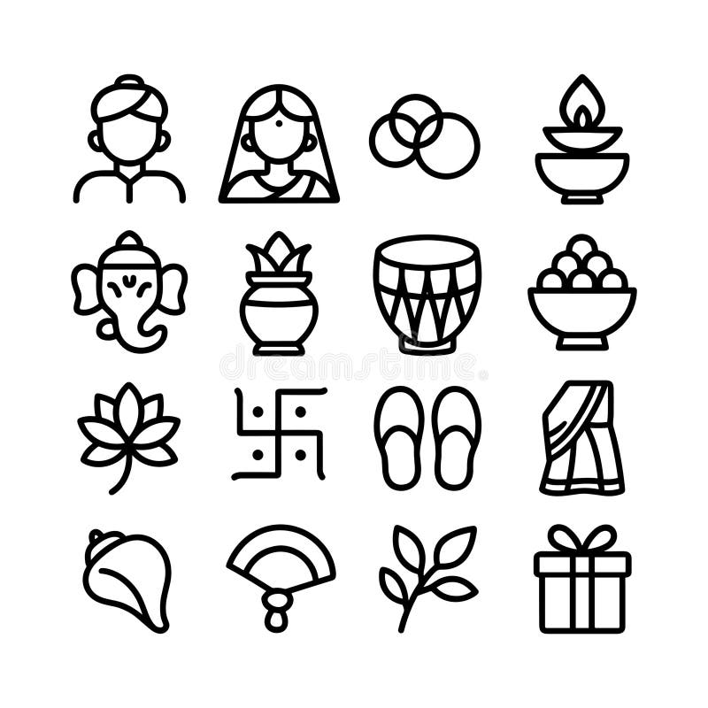 Minimalist Line Drawing Hindu Wedding Ceremony Elements Icon Set Design ...