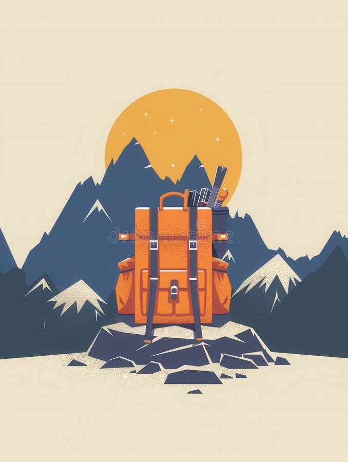 Minimalist Illustration of a Backpack on a Mountain Peak with a Sunset ...