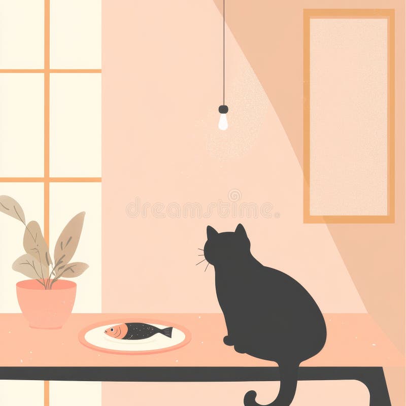 A Minimalist Illustration of a Black Cat Watching Over a Plate of Fish ...