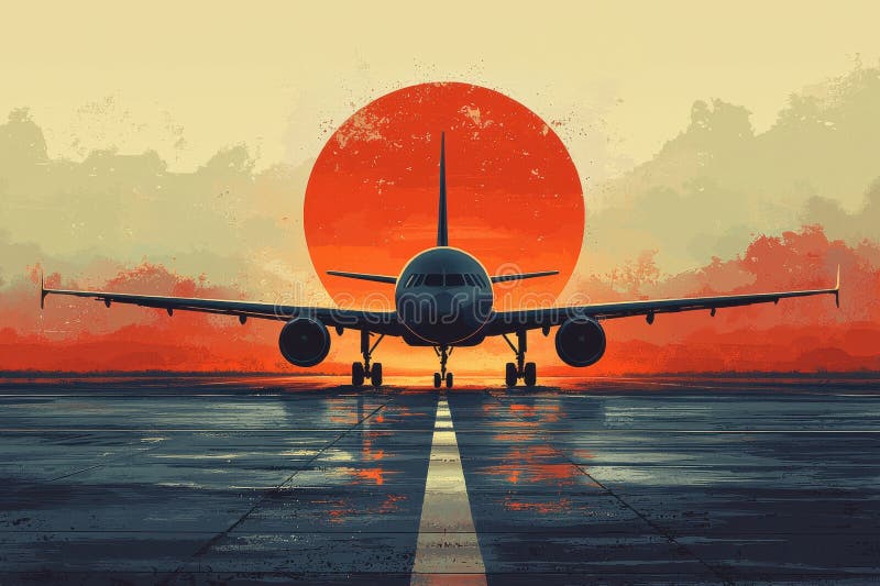 Minimalist Illustration of a Blue Airplane on Runway Stock Image ...