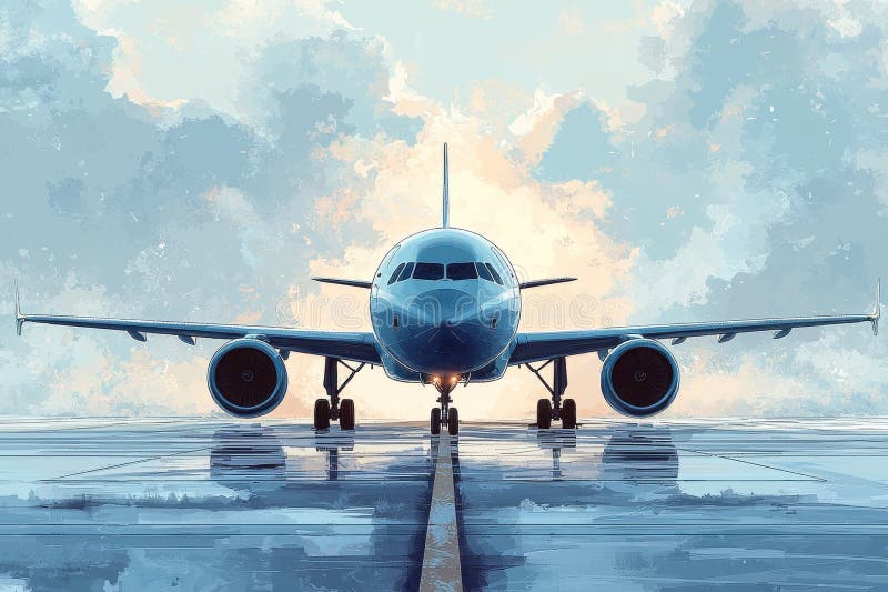 Minimalist Illustration of a Blue Airplane on Runway Stock Image ...