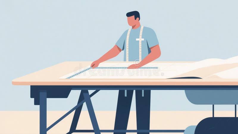 A Minimalist Illustration of a Tailor Meticulously Measuring Fabric ...