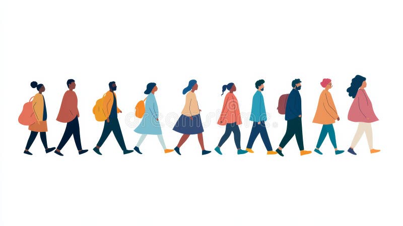 Minimalist Illustration of Diverse People Walking in Profile in a ...