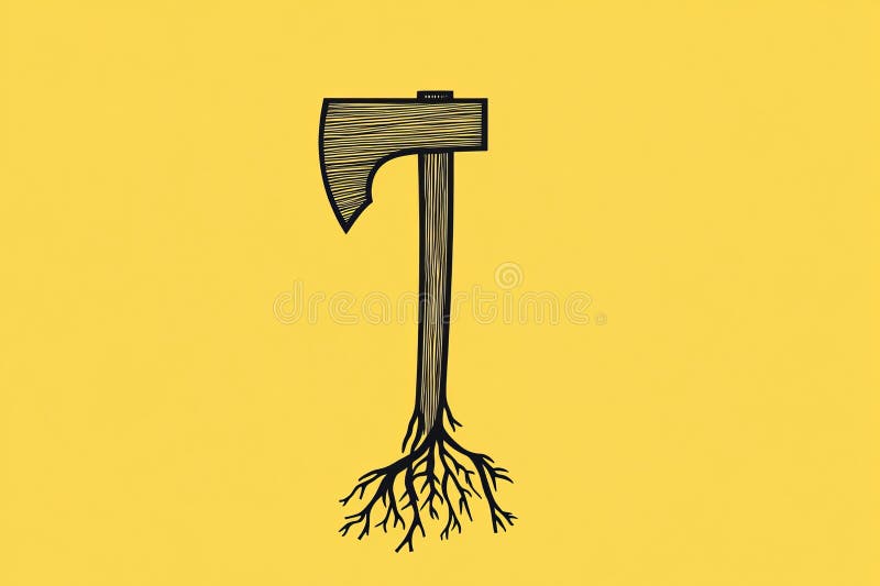 Simple Line Drawing of an Axe Embedded in a Tree Stump with Roots Stock ...