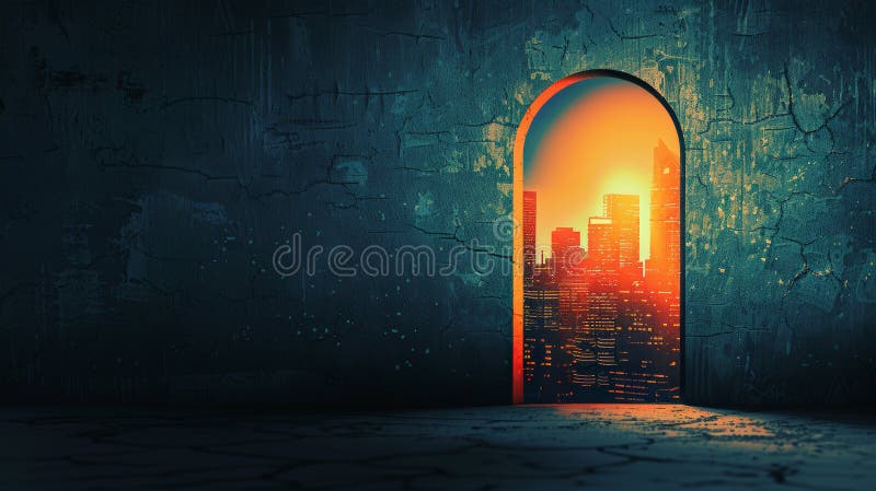 Minimalist Illustration of a Single, Stylized Keyhole with a Cityscape ...