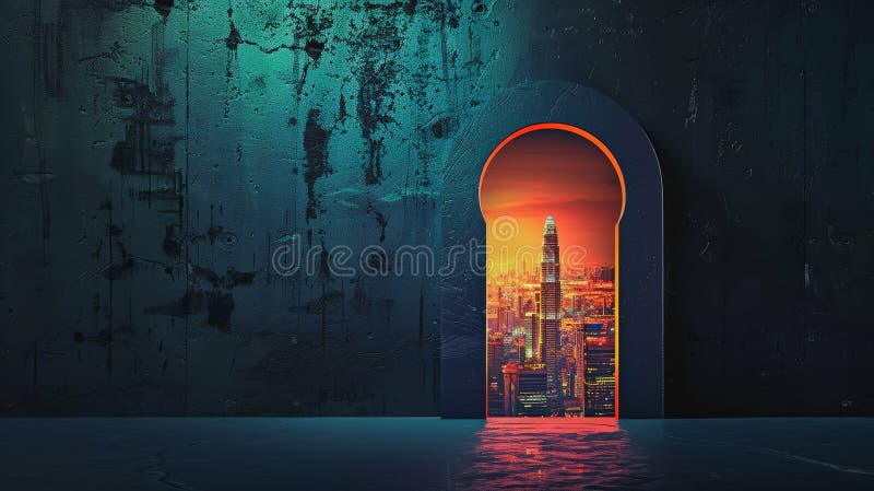 Minimalist Illustration of a Single, Stylized Keyhole with a Cityscape ...