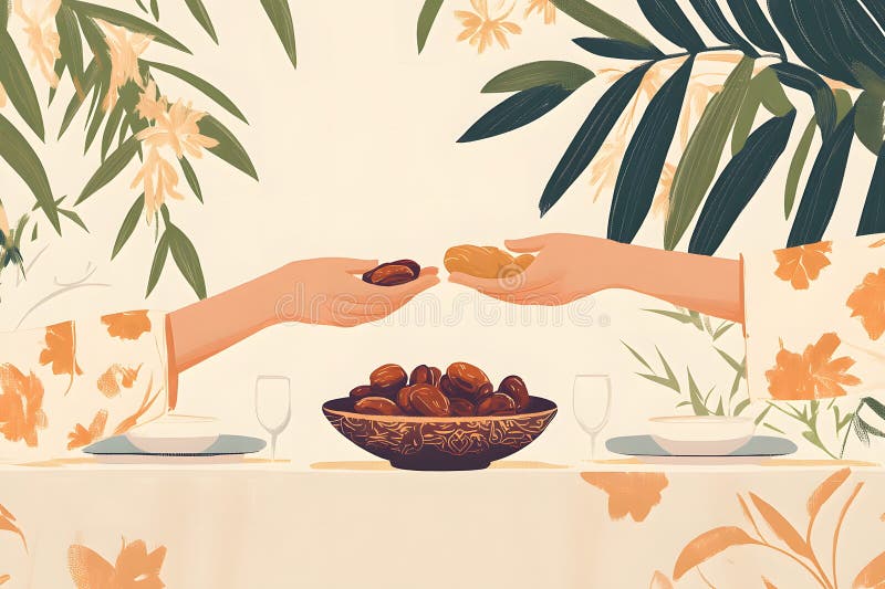 Minimalist Illustration of Hands Passing a Bowl of Dates Over an Eid ...
