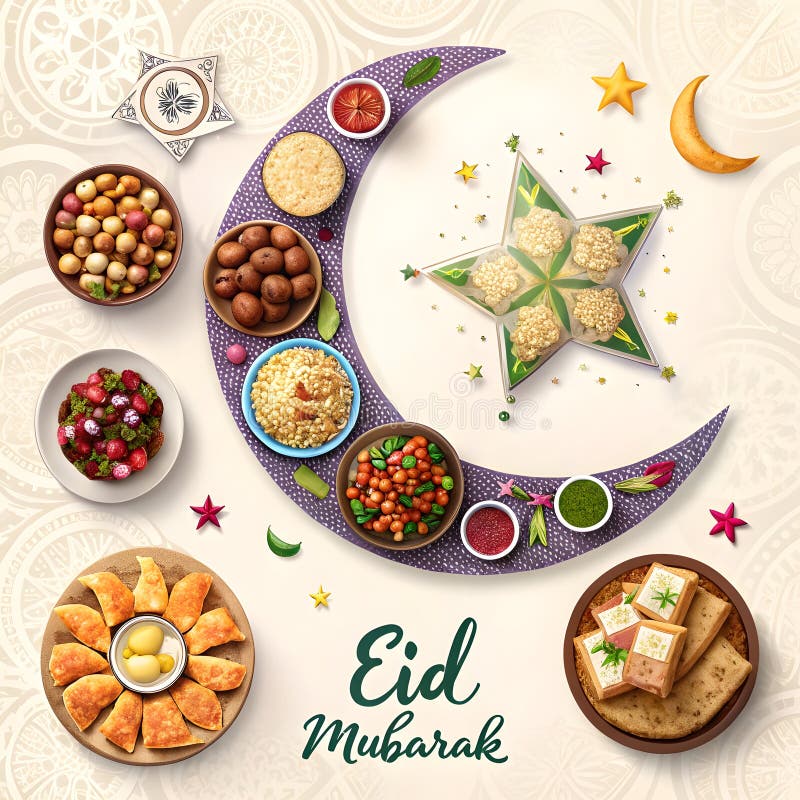 Minimalist Illustration of Middle Eastern Dishes with Crescent Moon ...