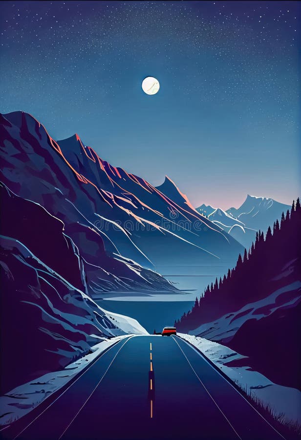 Minimalist Illustration of a Night Road in the Valley. Ia Generative ...