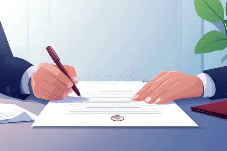 Minimalist Illustration of a Notary Public Certifying Documents in a Professional Office ...