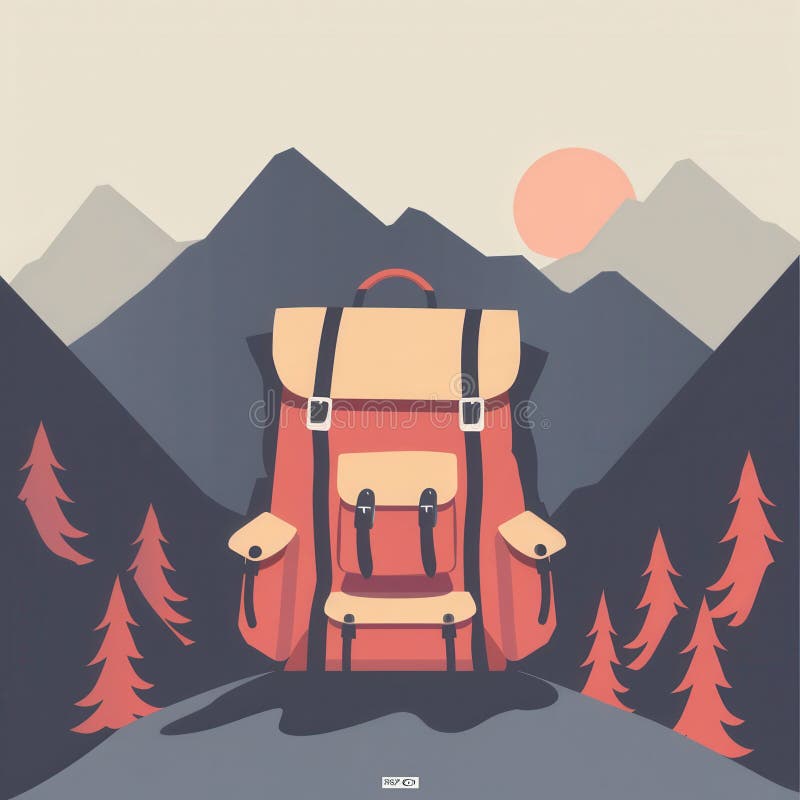 A Minimalist Illustration of a Red Backpack in Front of a Mountain ...