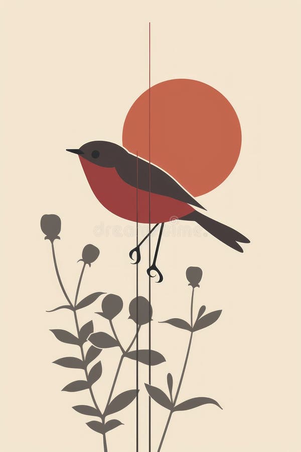 Minimalist Illustration of a Robin Perched on a Thin Branch with a ...