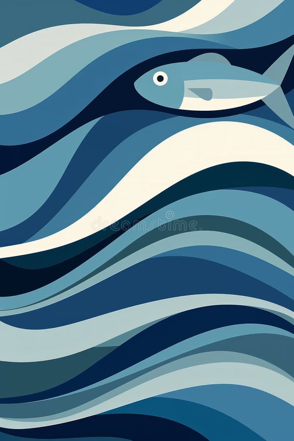 Minimalist Illustration of a Single Fish Swimming in a Blue and White ...