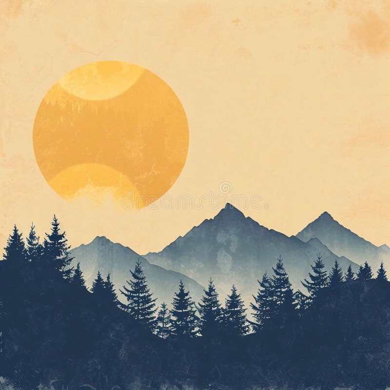A Minimalist Illustration of the Sun Setting Behind Mountains, Casting ...